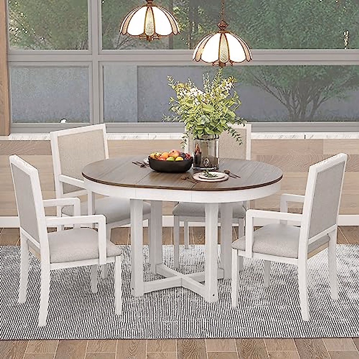P PURLOVE Farmhouse 5 Piece Round Dining Table Set for 4,Two-Size Round to Oval Extendable Butterfly Leaf Wood Dining Table with 4 Upholstered Chairs for 4,Dining Room Table Set