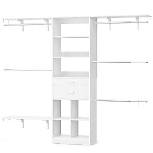 Besiost Closet System - 4.75-8FT Closet Organizer System with Wooden Drawers & Cube Storage Organizer, Up To 96" Closet Systems for Nursery & Walk-In Closets with Cuttable Hanging Shelving, White