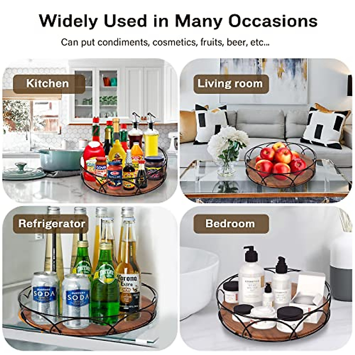 12.5" Wooden Lazy Susan Turntable, Kitchen Table Top Spice Organizer with Steel Frame, 360 Degree Rotating Lazy Susan Tray for Countertop, Cabinet, Dining Table, Bathroom