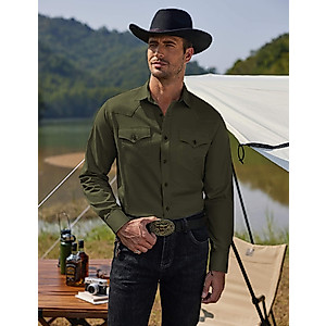 COOFANDY Men's Western Snap Shirts Loose Fit Casual Long Sleeve Embroidered Cowboy Shirts Army Green