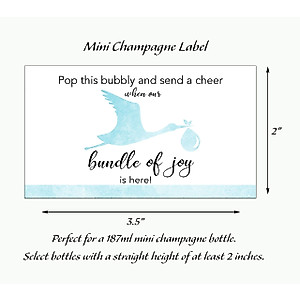 BABY BOY Baby Shower Mini Champagne Labels - She’s About To POP Mini Champagne Bottle Labels ● SET of 12 ● Thank You for Celebrating with us - Blue Stork Bundle of Joy Favors WATERPROOF M101-STORK-12
