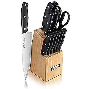 Knife Block Set, Karcu 13-Piece Kitchen Knife Block Set, High-Carbon Stainless Steel Blades with Pine Wood Knife Block