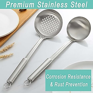 Pleafind 2-Pcs Ladle and Slotted Spoon, Soup Ladle and Strainer, Stainless Steel Cooking Utensils, Wok Utensils for Home and Restaurant, Dishwasher Safe