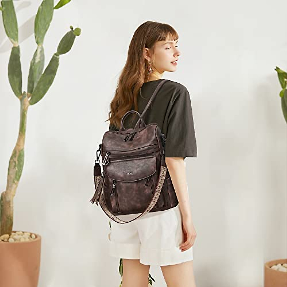 Shrrie Backpack Purse for Women Fashion Leather Backpack Purse Designer Travel Backpack Convertible Shoulder Bag with Wristlet