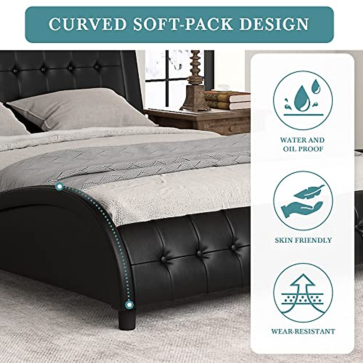 HOOMIC King Size Platform Bed Frame with Adjustable Headboard, Upholstered Bed, Mattress Foundation, Wood Slat Support, No Box Spring Needed, Easy Assembly, Black