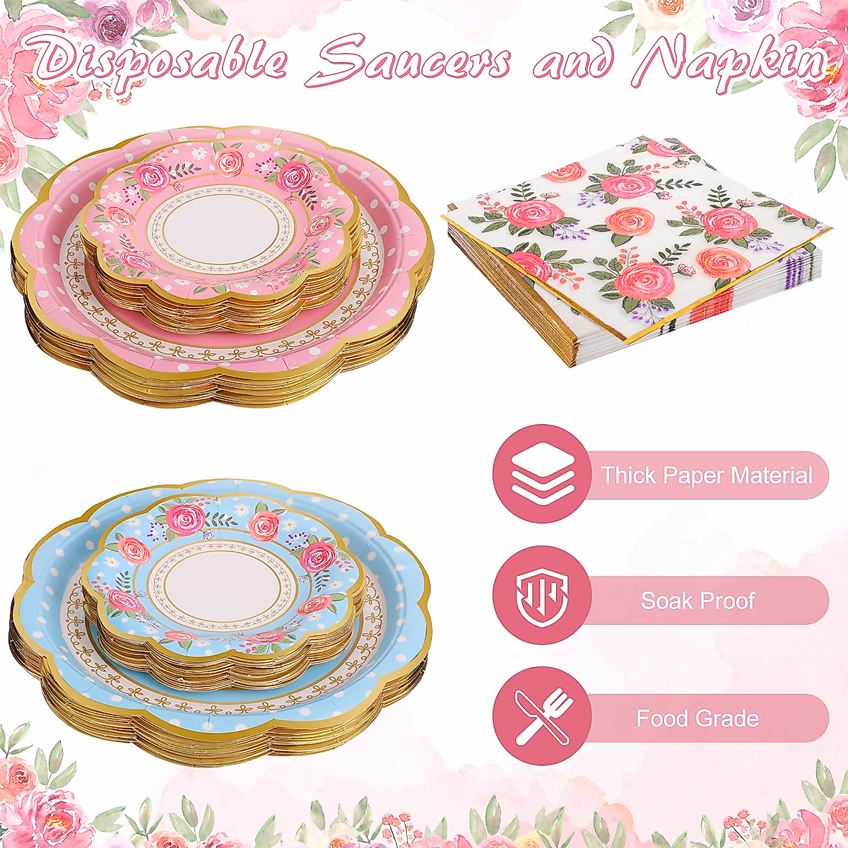 200 Pcs Disposable Tea Party Cups and Saucers Set, 50 Guests Floral Tea Party Supplies Include 9 oz Paper Tea Cups with Handle, 9 Inch Paper Plates, Saucers Napkins for Tea Party Birthday Wedding