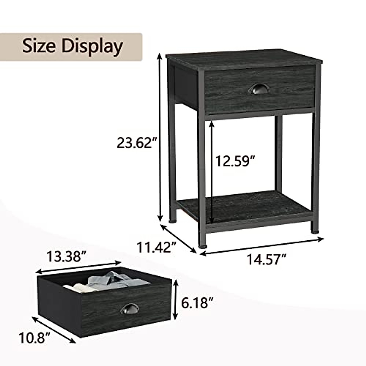 Nightstands Set of 2, Industrial End Table with Fabric Drawer&Storage Shelf, Small Bedside Table Organizer for Small Space, Side Table for Living Room, Tall 23.6" Night Stand for Bedroom, Black Oak