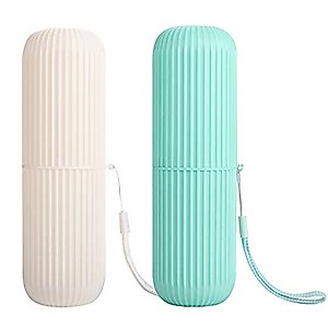 Toothbrush Travel Case Portable Travel Toothbrush Holder 2 Pack Plastic Toothbrush Storage Container Organizer for Travel Home Business School (White + Green)