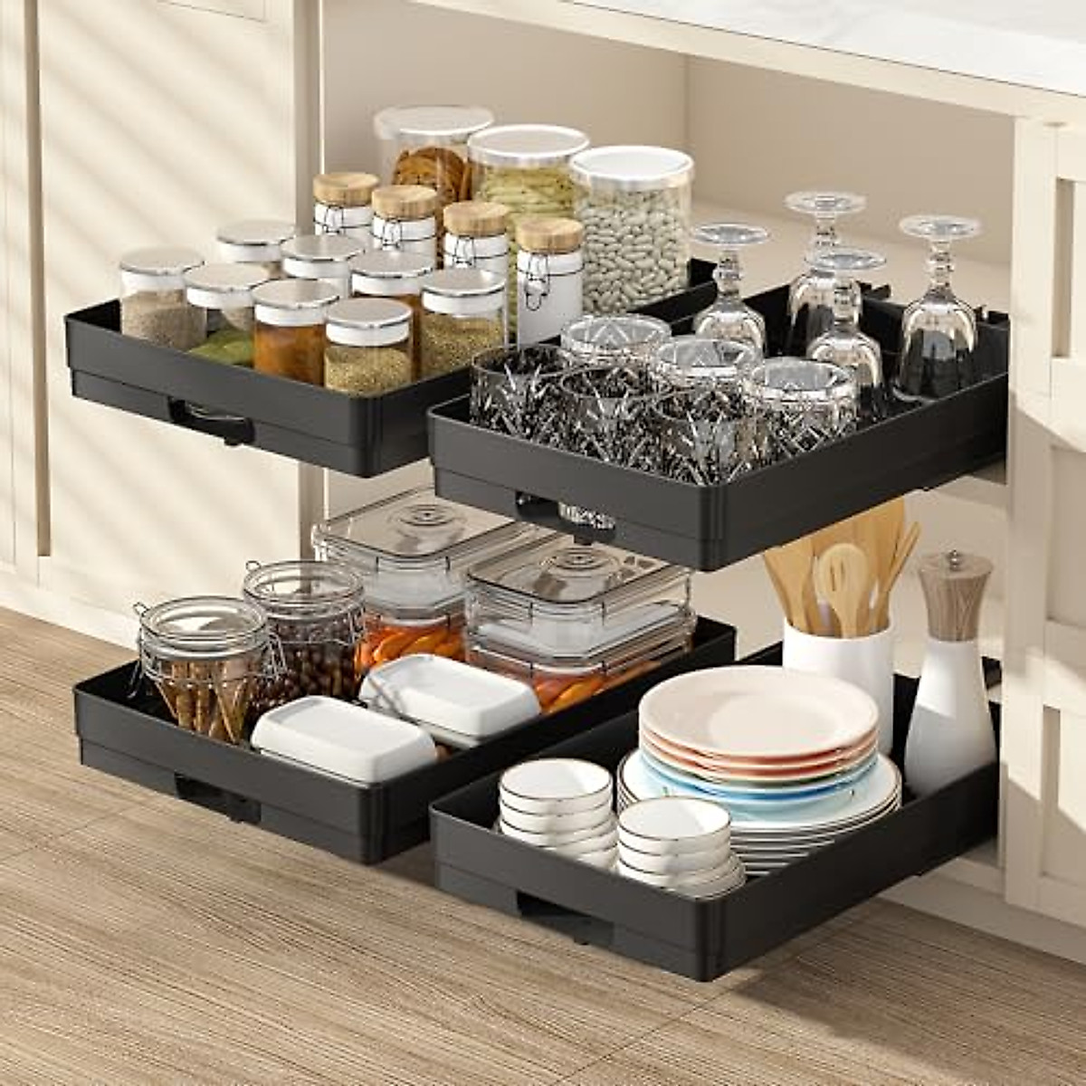4 Pack Pull Out Cabinet Organizer, Slide Out Drawers for Kitchen Cabinets, Under Sink, Pantry, Bathroom, Cabinet Pull Out Drawers Shelves with Adhesive Nano Film Fixed and Slide Out Rails