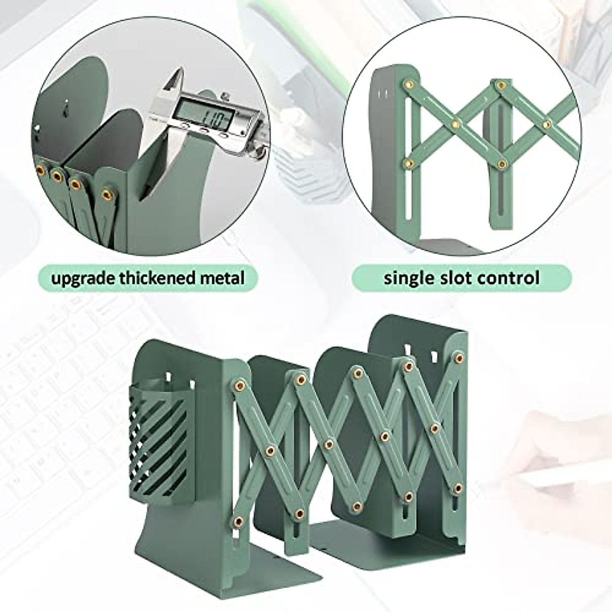 Adjustable Bookends TAINSE Expandable Bookends with Pen Holder Book Ends for Heavy Books,Magazine File Telescopic Design Bookends Adjustable Extends up to 17 inches-Green
