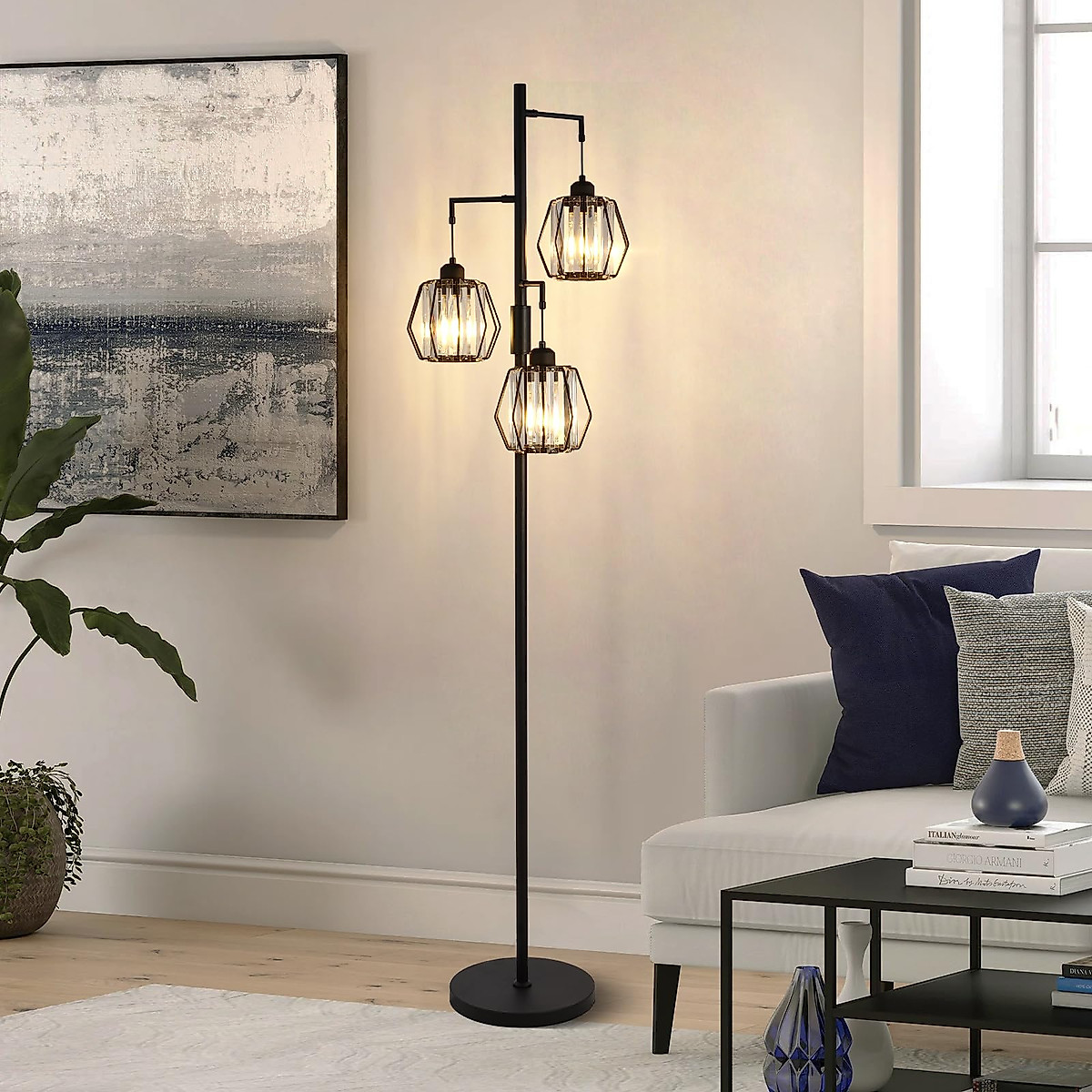 Loiogohot Floor Lamp,Industrial Floor Lamp for Living Room,Farmhouse Floor Lamp,Dimmable Floor Lamp 3-Light Crystal Standing Light,Rustic Tall Tree Reading Lamps for Bedroom,Office,Dining Room