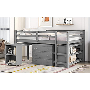 Full Size Loft Bed Frame with Rolling Portable Desk and Cabinet, Wooden Low Study Bedroom Loft Bed with 3 Storage Drawers, Bookshelf, Ladder and Safety Guardrails, Not Included Mattress, Gray