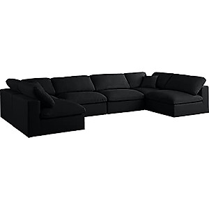Meridian Furniture Plush Collection Contemporary Down Filled Cloud-Like Comfort Overstuffed Velvet Upholstered Modular U-Shaped Sectional, 6-Seater, Armless, Black