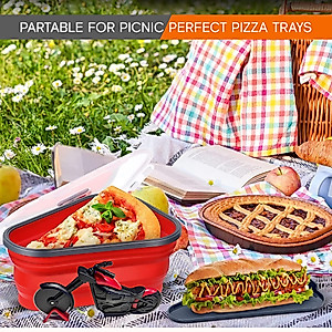 Pizza Storage Container with Pizza Cutter, 5 Microwavable Serving Trays with Pizza Container, Silicone Pizza Storage Container, Pizza Pack, Pizza Storage Container Collapsible, Pizza Keeper, Red
