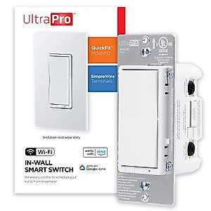 UltraPro Smart Switch, 2.4GHz Wi-Fi Smart Light Switch, QuickFit & SimpleWire, 3 Way Switch, Works with Alexa, Google Assistant, No Hub Needed, UL Certified, Needs Neutral Wire, White, 1 Pack, 51398