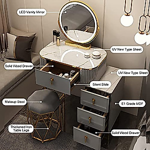 UTMACH Vanity Slate Tabletop Vanity Desk, Vanity Set with Adjustable Cabinet ＆ Makeup Chair, Dressing Table with Lighted Mirror ＆ Drawers Desk Sturdy