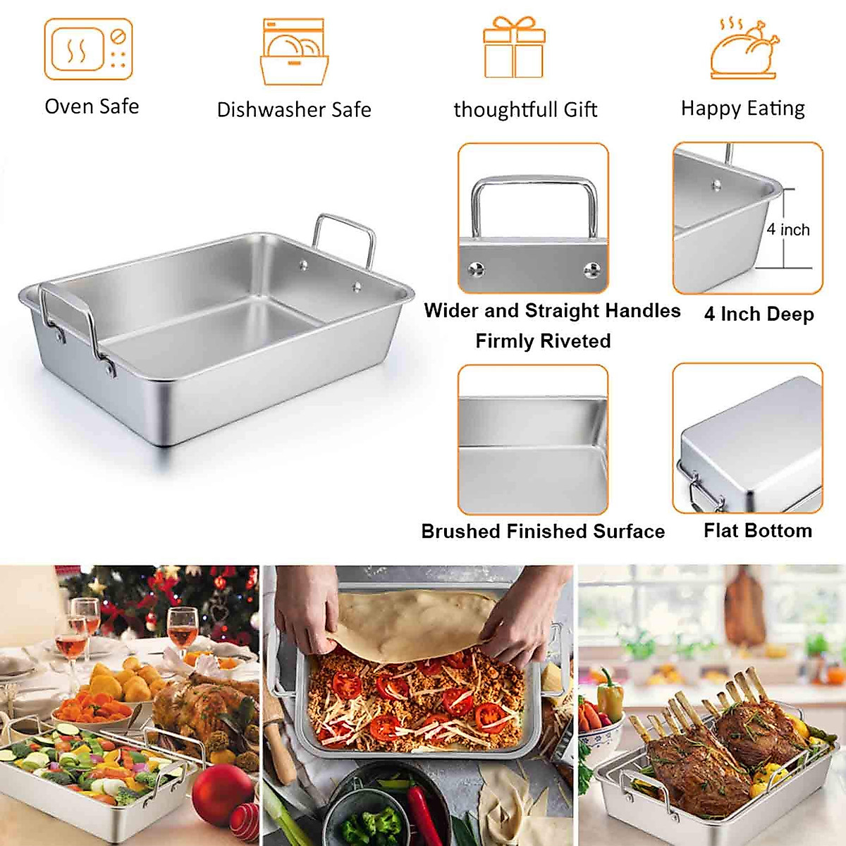 TeamFar Roasting Pan, 15 Inch Large Turkey Roaster Lasagna Pan with V Rack & Cooling Rack Set Stainless Steel For Thanksgiving Christmas, Healthy & Heavy Duty, Deep Side & Dishwasher Safe - 3 PCS