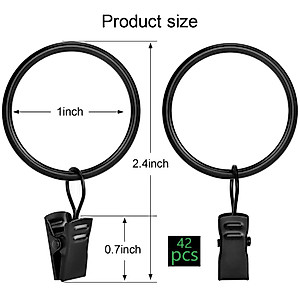Curtain Rings with Clip - Set of 42,Interior Diameter 1",Fits up to 5/8 Inch Rod Made of Metal-Black