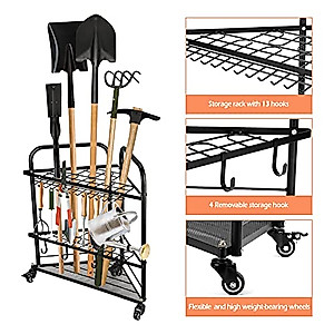 tonchean Garden Tool Organizer With Wheels Iron Corner Tool Storage Rack Rolling Corner Tool Storage Rack Easy To Install For Shed, Garage, Garden, Black