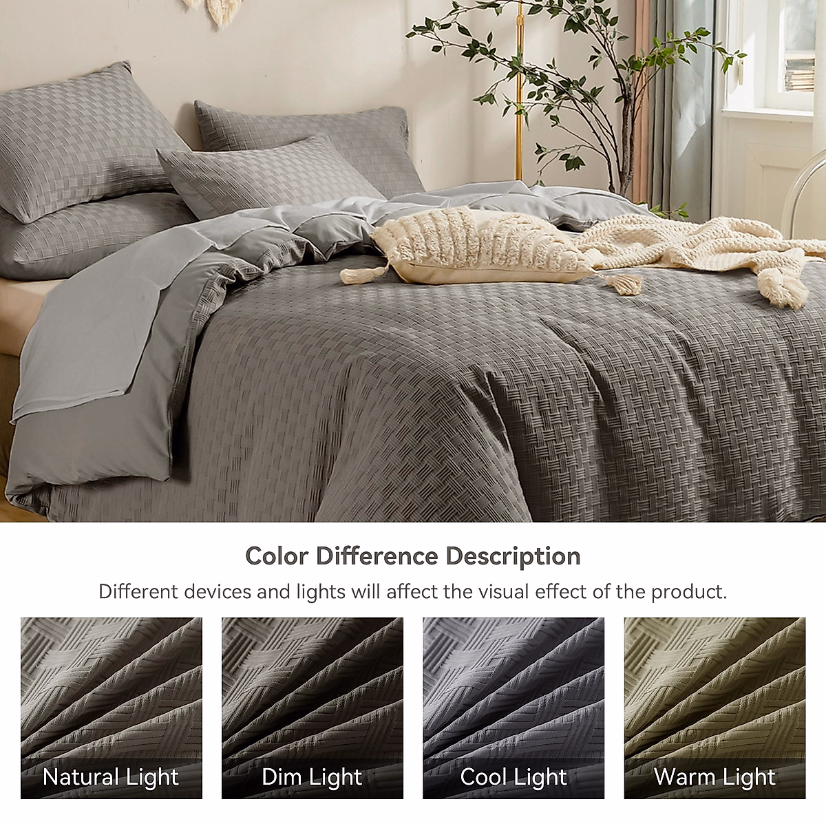 JELLYMONI Grey Duvet Cover King Size - 3 Pieces Soft and Breathable Microfiber Knitted Jacquard Waffle Weave Striped Comforter Cover with 8 Corner Ties & Zipper Closure