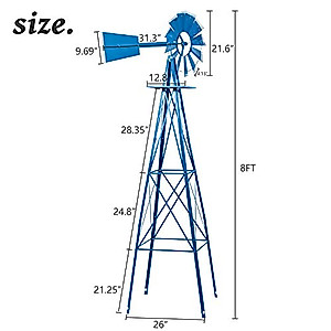 Patiomore 8FT Windmill Yard Garden Metal Ornamental Wind Mill Weather Vane for Garden Lawn Backyard, Blue