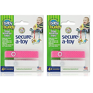 Baby Buddy Secure-A-Toy - Straps Toys, Teether, or Pacifiers to Strollers, Highchairs, Car Seats— Safety Leash With Adjustable Length to Keep Toys Sanitary & Clean, Pink/White 2 Count (Pack of 2)