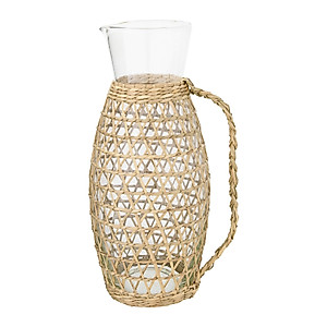 Creative Co-Op 64 oz. Glass Seagrass Weave Jacket & Handle Pitcher, Tan