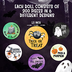 Halloween Sticker Roll 1.5 Inches - 200 Pcs Cute Halloween Stickers for Kids, Toddlers and Adults - 6 Designs Happy Halloween Stickers Bulk Suitable for Party Decors, Arts and Crafts and Goodie Bags