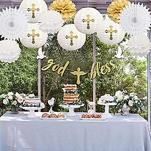 YESSWL God Bless Banner - Golden Glitter Boy/girl Baptism Banner, God Bless Banner Baptism, First Holy Communion Baby Shower Banner Party Decorations, Baby Baptism Shower