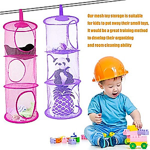 3Pcs Hanging Mesh Space Saver Bags Organizer 3 Compartments Toy Storage Basket for Kids Room Organization mesh Hanging Bag Set (Pink, Rose, Purple)