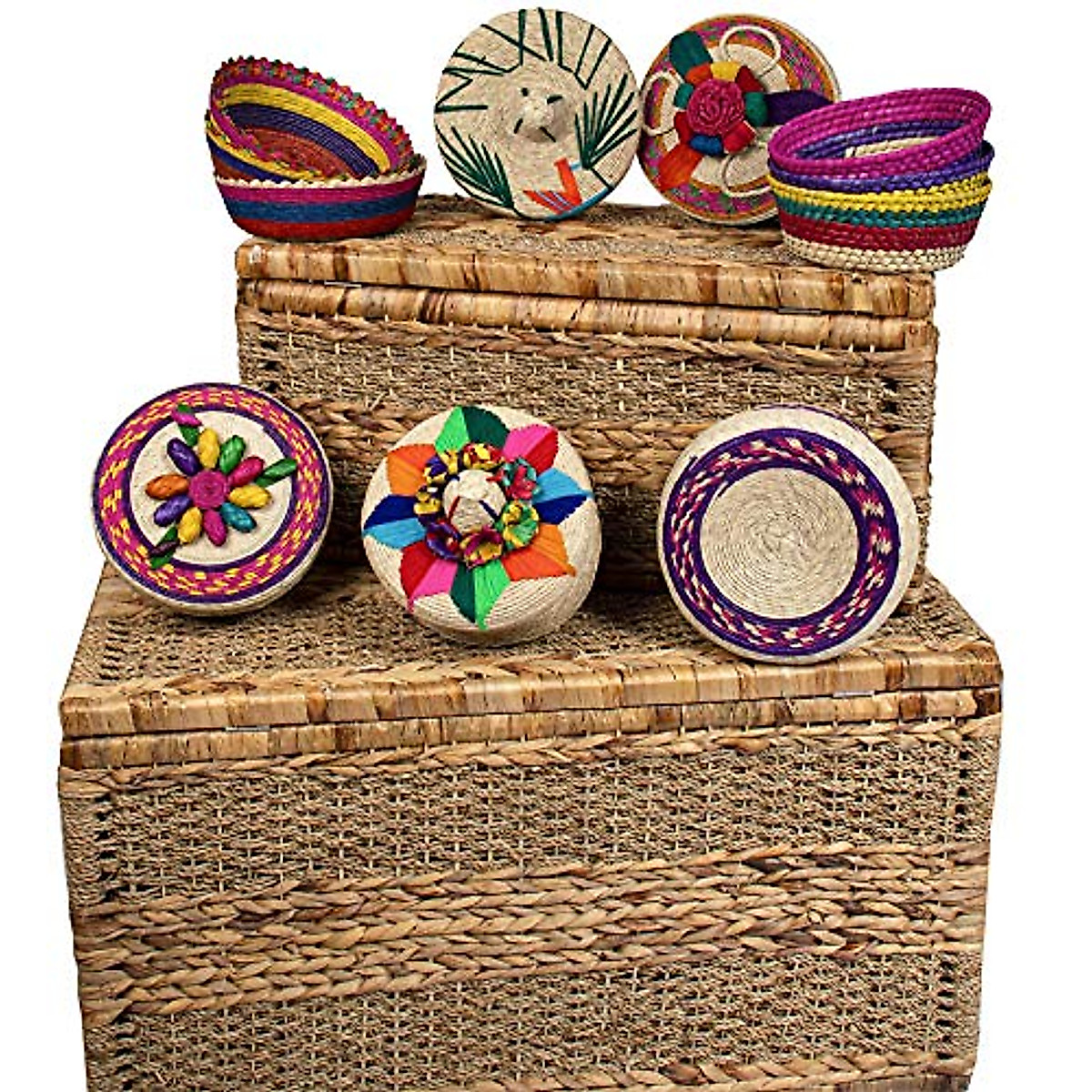 2-Pack Genuine Mexican Handwoven Tortilla Basket | Fiesta Mexican Tortilla Warmer |Tortilla Holder |Tortillero | Palm Straw Baskets Handmade in Mexico | Mexican Bowls (1, Floral)
