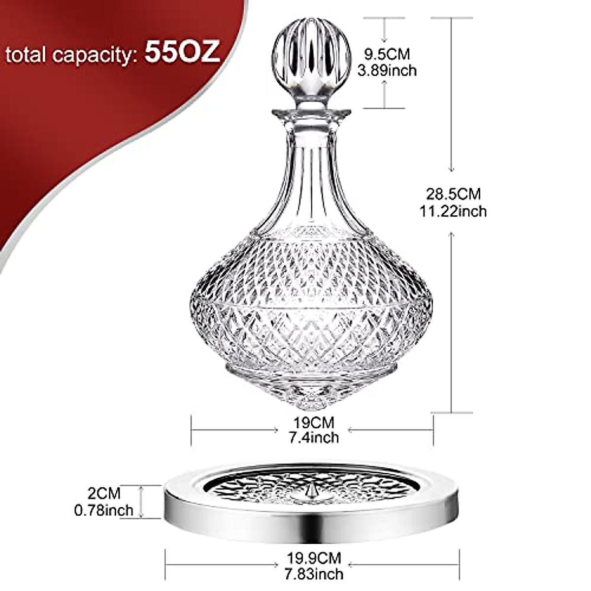paysky spinning wine decanter with stopper, 50 oz red wine decanter crystal and gift box, for wedding gift, birthday, helovers'day, christmas day.