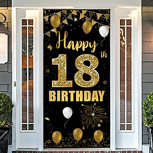 18th Birthday Door Banner Backdrop, Happy 18th Birthday Decorations for Girls Boys Black Gold, 18 Years Old Birthday Party Photo Props Yard Sign for Outdoor Indoor, Sturdy, Vicycaty