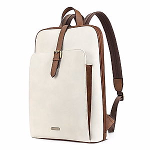 CLUCI Leather 15.6 inch Laptop Backpack Purse for Women Stylish Laptop Bag Work Computer Backpack College Bookbag Off-white with brown
