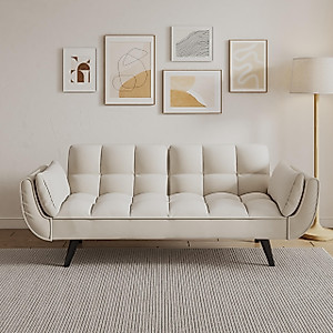 Olela Futon Sofa Bed, Convertible Sleeper Couch 74" W Modern Velvet Loveseat with Adjustable Backrests and Solid Wood Legs for Living Room, Bedroom, Small Space (Beige)