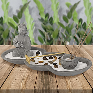 Japanese Mini Zen Garden Decor, Incense Holder with Buddha Statue for Relaxation and Meditation, Gift Set Perfect for Home and Office Decor