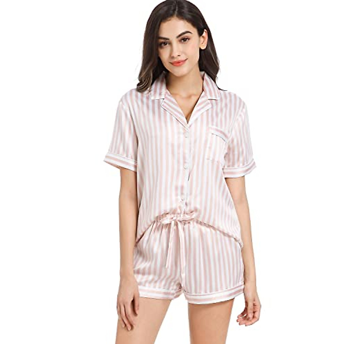 Serenedelicacy Women's Satin Pajama Set 2-Piece Sleepwear Loungewear Button Down Short Sleeve PJ Set (Medium, Light Pink/Ivory, Stripe)