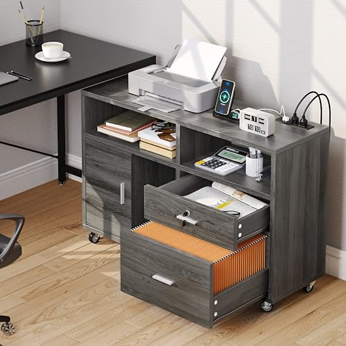 YITAHOME Wood Lateral File Cabinet, 2 Drawer Mobile Storage Cabinet, Fits A4, Letter and Legal, Printer Stand with Open Storage Shelves, Modern Filing Cabinet for Home Office, Grey