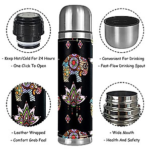 Vintage Lotus Ethnic Elephant Vacuum Insulated Water Bottle Stainless Steel Thermos Flask Travel Mug Coffee Cup Double Walled 17 OZ