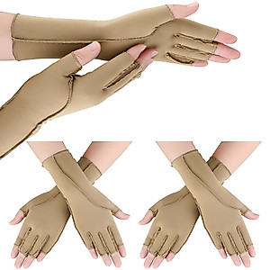 Janmercy 3 Pairs Arthritis Compression Gloves Outside Seams Fingerless Compression Gloves for Women Men Carpal Tunnel Swelling (Nude, Normal)