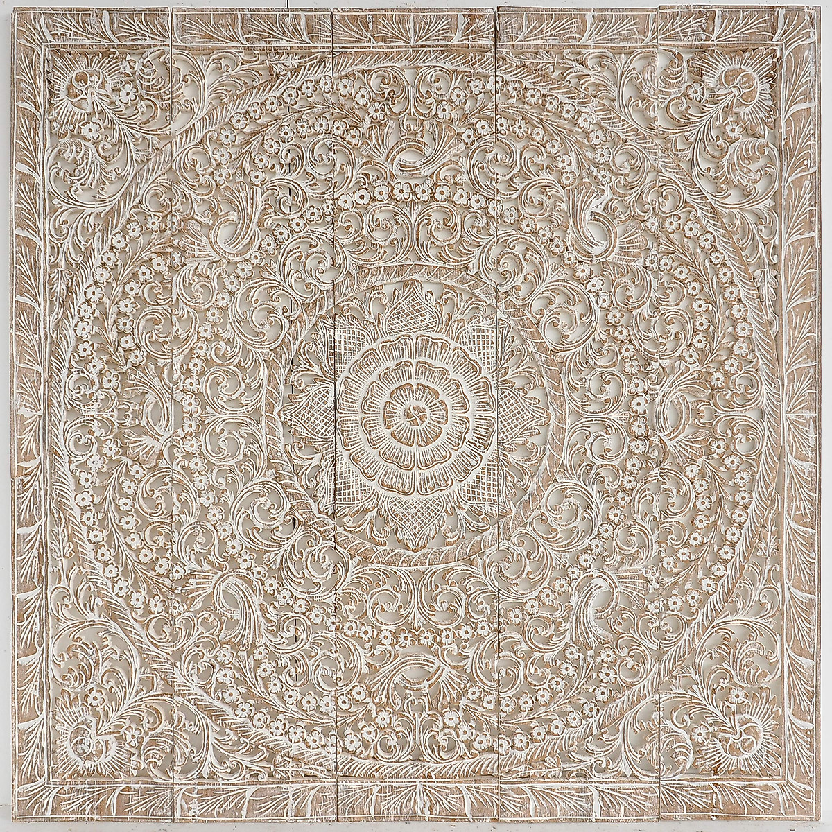 Hand Carved Flower Wood Carving Queen Size Bed Headboard Wall Mounted Sculpture 60 inches