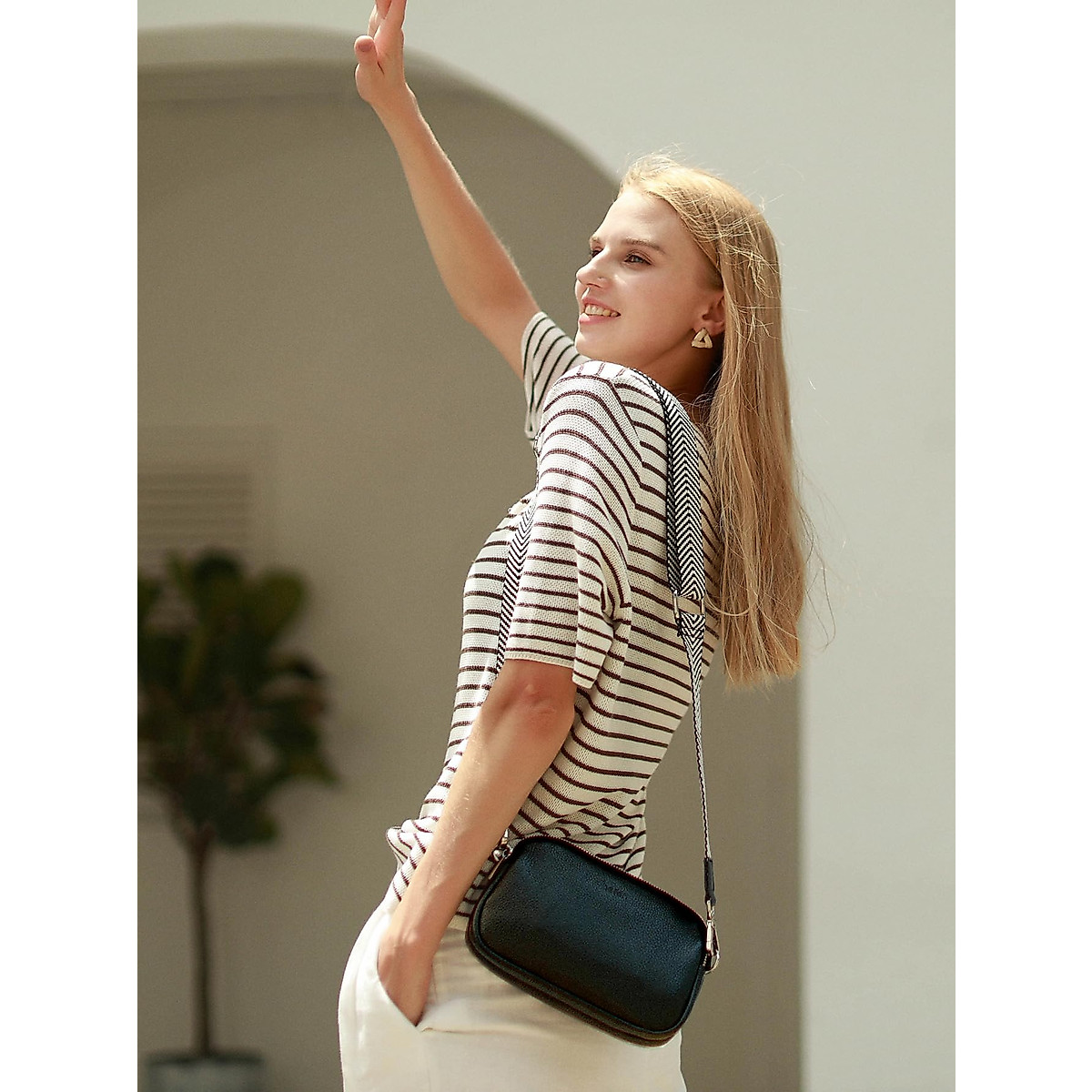 befen Black Genuine Leather Small Crossbody Purse Bags Double Pocket Shoulder Bag for Women