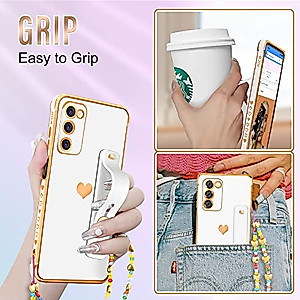 Likiyami for Samsung Galaxy A03S Phone Case Heart for Women Girls Girly Cute Pretty Luxury Aesthetic with Stand Cases White and Gold Plating Love Hearts Cover Screen Chain for Galaxy A03S 6.5"