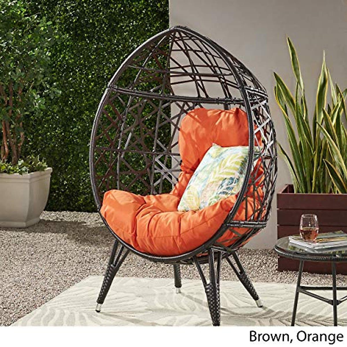 Great Deal Furniture Doris Outdoor Wicker Teardrop Chair with Cushion, Brown and Orange