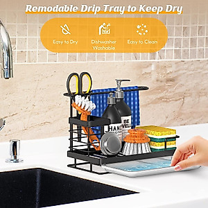 MURLONG Sink Caddy, Kitchen Sink Organizer, Sponge Brush Holder for Kitchen Sink Soap Holder with Drain Tray, Stainless Steel Dish Brush Scrub Holder, Kitchen Accessories-Black