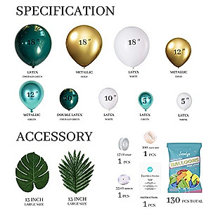 Soonlyn Jungle Party Decorations Balloon Garland Arch Kit 125 Pcs, Double Stuffed Emerald Green Gold Matellic White Balloons with Large Leaves for Safari Birthday Party Decorations Baby Shower