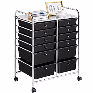 Yaheetech 12 Drawers Rolling Storage Cart Multipurpose Movable Organizer Cart Storage Bin Trolley Tools Scrapbook Paper Organizer on Wheels, Black