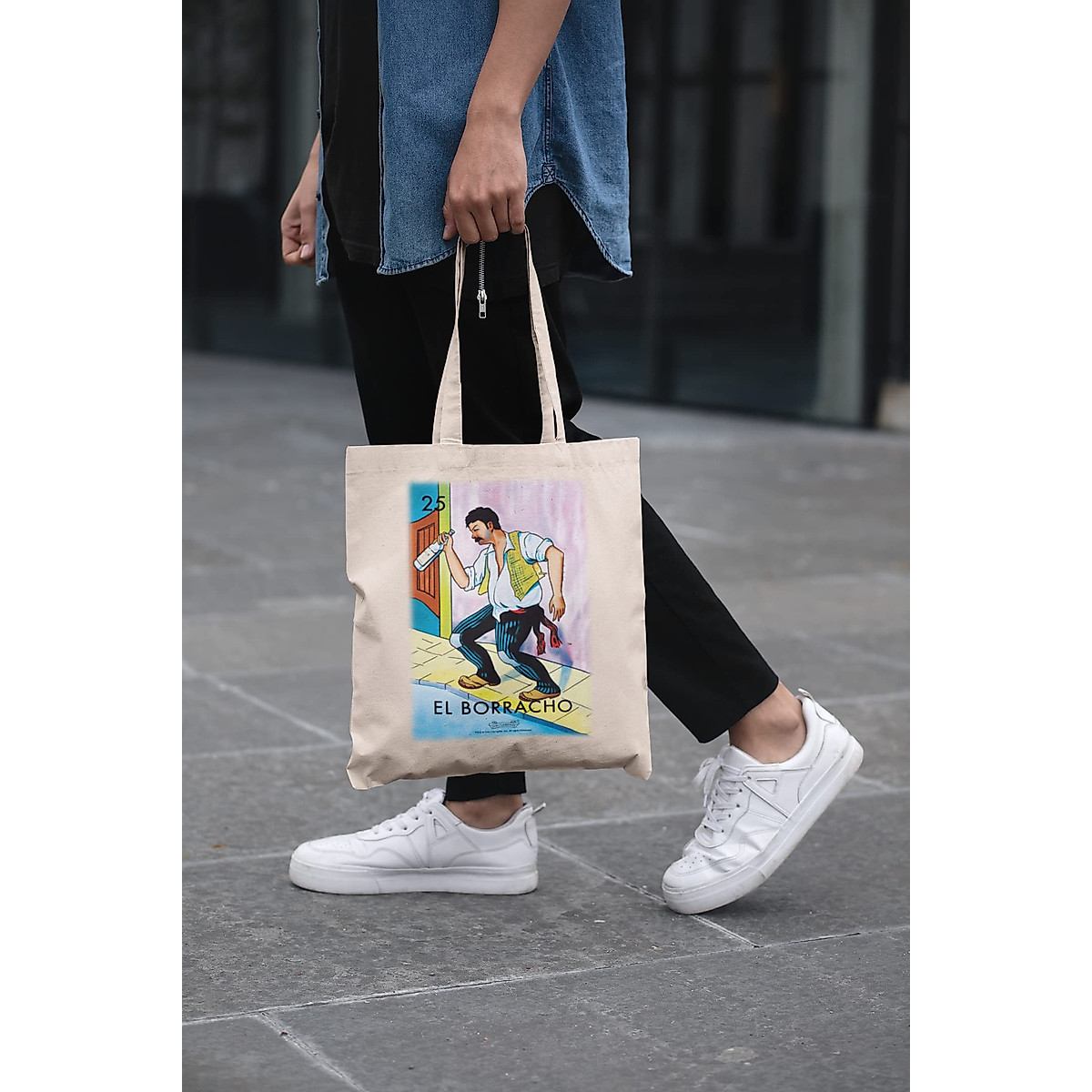 Pop Threads El Borracho Drunk Loteria Card Mexican Latina Graphic Tote Bag for Adults Black 15x15 inches