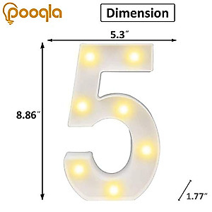 Pooqla Decorative Led Light Up Number Letters, White Plastic Marquee Number Lights Sign Party Wedding Decor Battery Operated Number (5)
