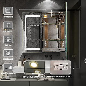Janboe Stainless Steel LED Medicine Cabinet,Bathroom Mirror Cabinet with Light,3 Color,Dimmable,Equipped with Defogger,USB Shavor Socket,Internal Light,30×32 Inch